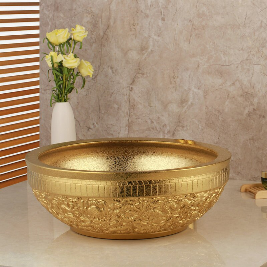 Gold Matte Bathroom Basin With Engravings - Royal Toiletry Global