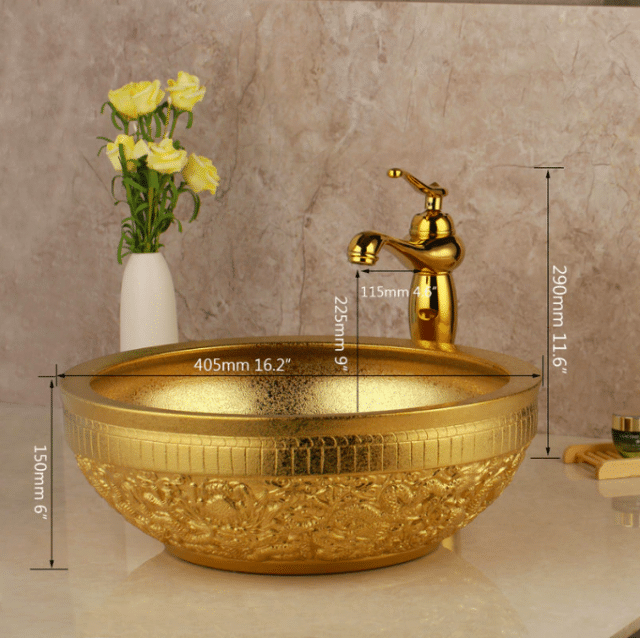 Gold Matte Bathroom Basin With Engravings - Royal Toiletry Global