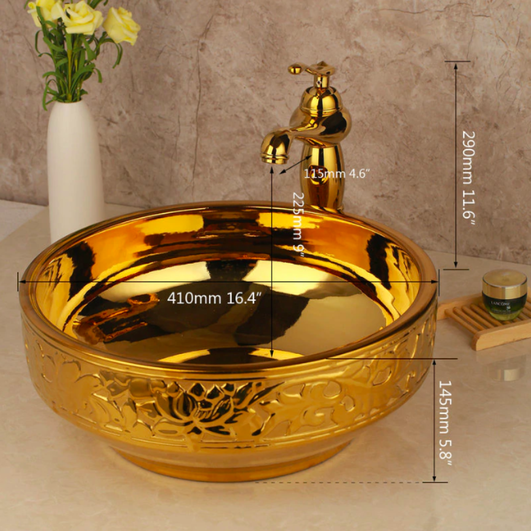 Gold High Polished Bathroom Basin With Engraved Leaves - Royal Toiletry ...