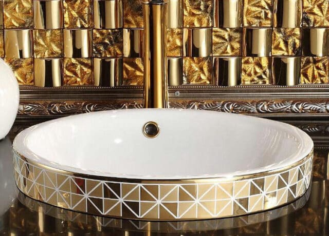 Gold Bathroom Basin With Diamond Pattern, Round - Royal Toiletry Global