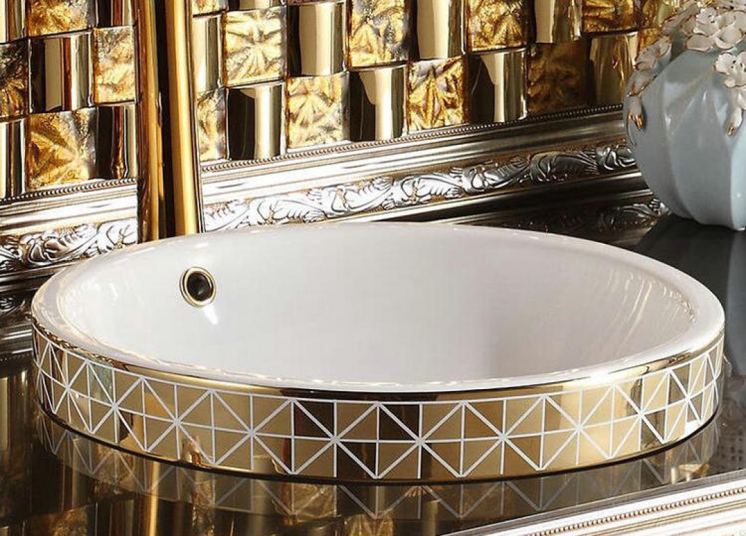 Gold Bathroom Basin With Diamond Pattern, Round - Royal Toiletry Global