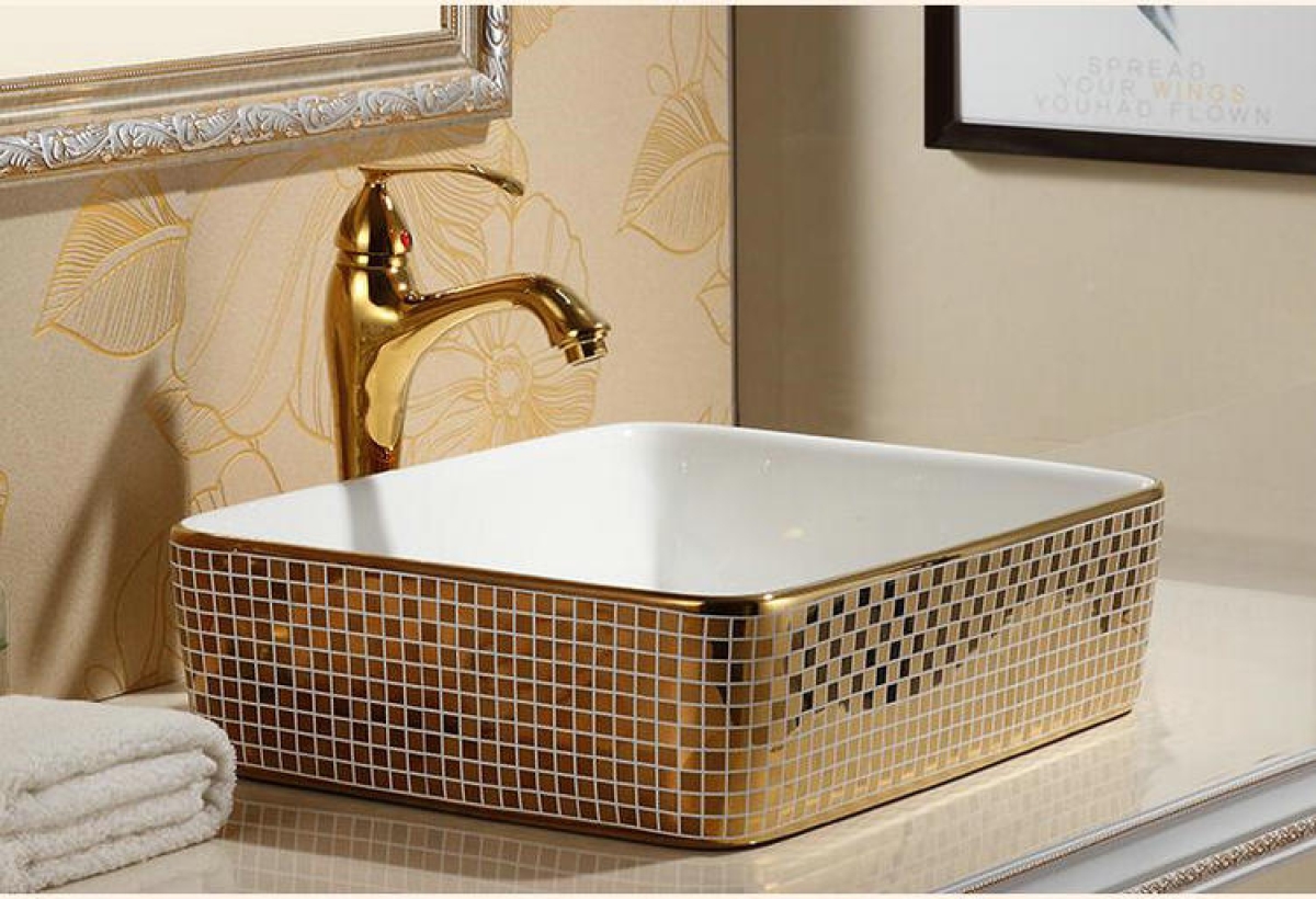 Rectangular Mosaic Gold Bathroom Basin - Royal Toiletry Global