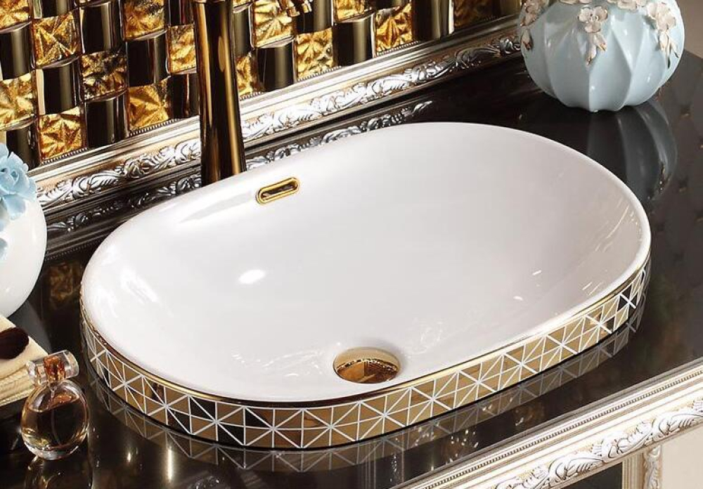 Gold Bathroom Basin With Diamond Pattern, Oval - Royal Toiletry Global