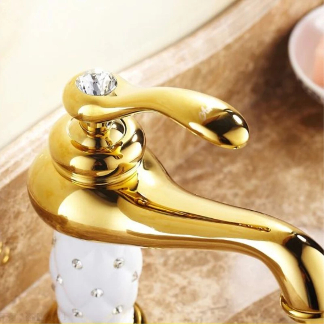 Gold & White Bathroom Basin Faucet With Diamonds - Royal Toiletry Global