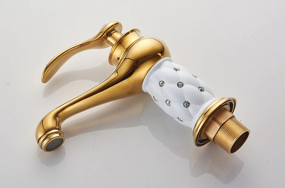 Gold & White Bathroom Basin Faucet With Diamonds - Royal Toiletry Global