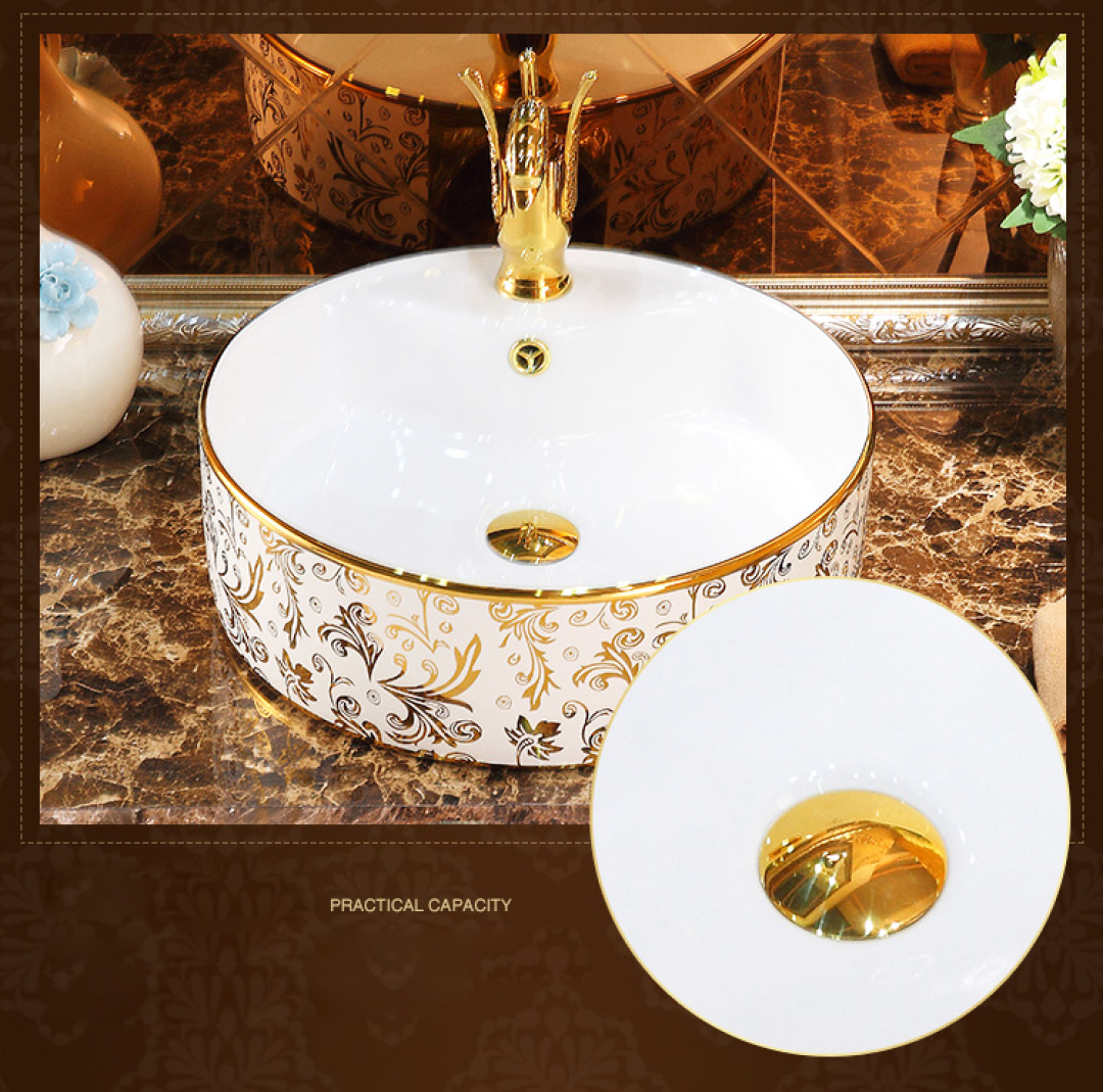 Luxury White & Gold Round Bathroom Basin - Royal Toiletry Global