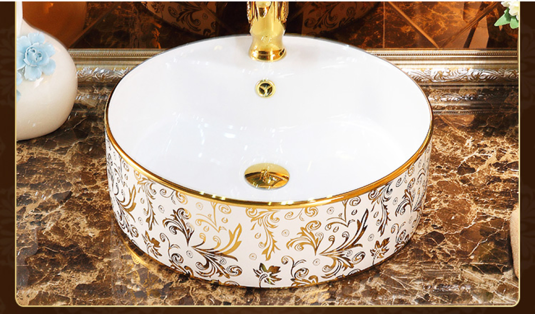 Luxury White & Gold Round Bathroom Basin - Royal Toiletry Global