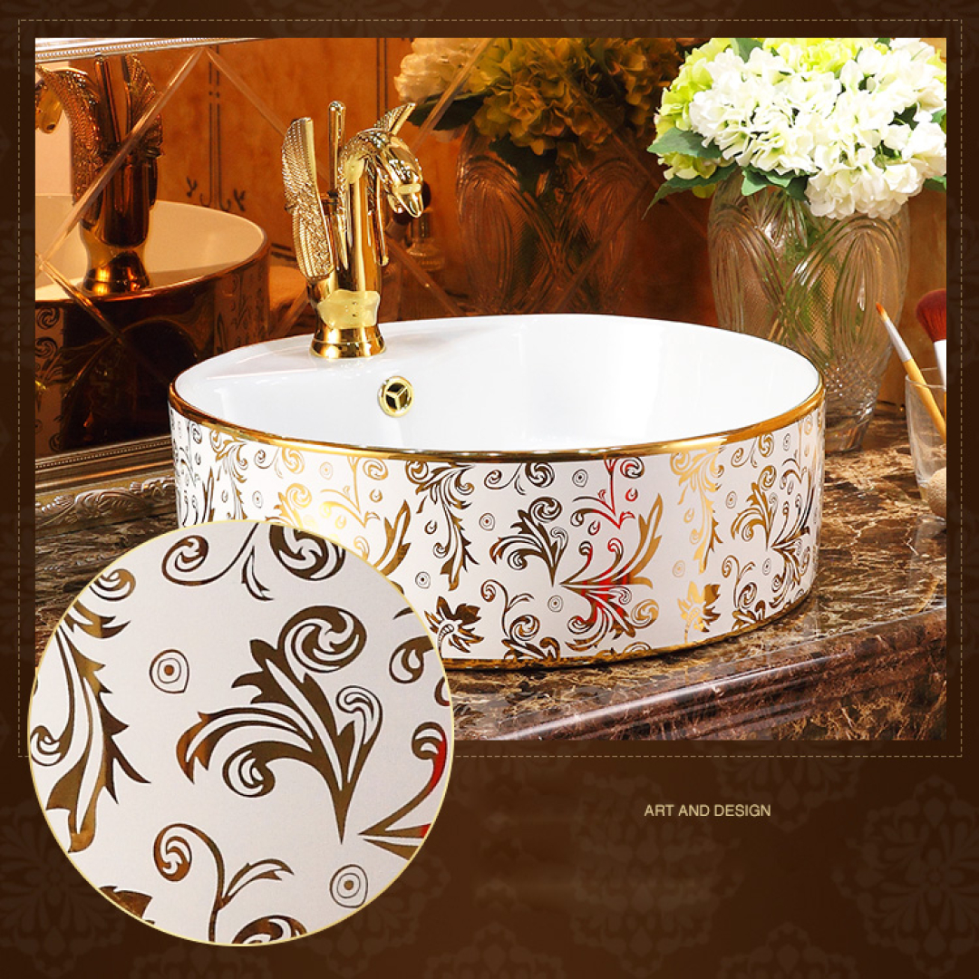 Luxury White & Gold Round Bathroom Basin - Royal Toiletry Global