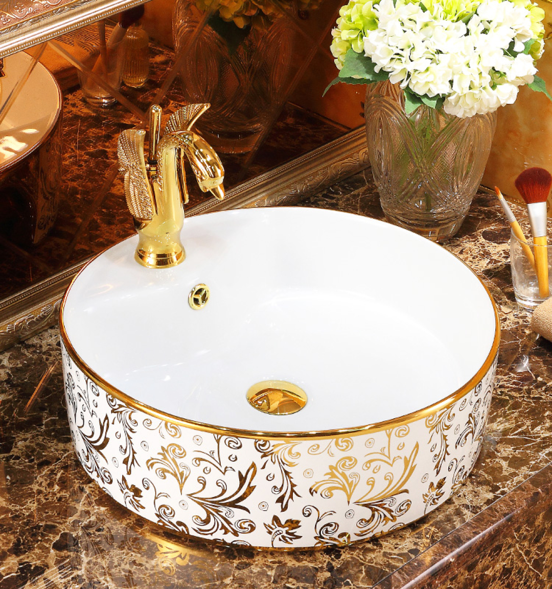 Luxury White & Gold Round Bathroom Basin - Royal Toiletry Global