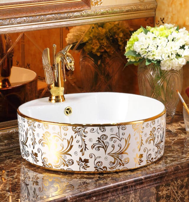 Luxury White & Gold Round Bathroom Basin - Royal Toiletry Global