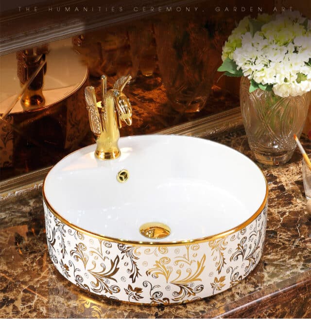 Luxury White & Gold Round Bathroom Basin - Royal Toiletry Global