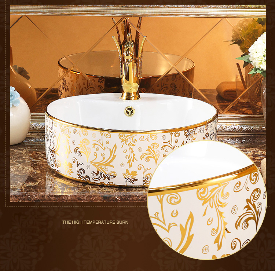 Luxury White & Gold Round Bathroom Basin - Royal Toiletry Global