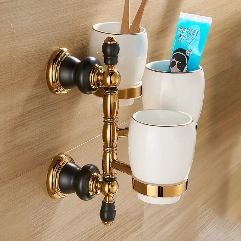Retro Black And Gold Triple Cup-Toothbrush Holder - Royal Toiletry Global