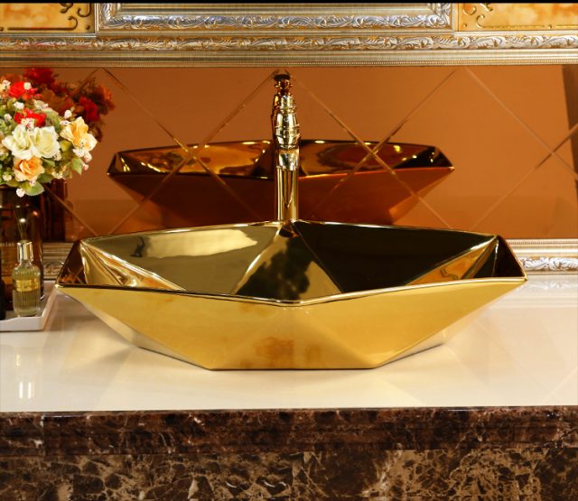 Angular Plain Gold Bathroom Basin (Large) - Royal Toiletry Global