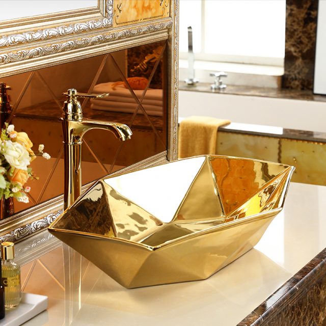 Angular Plain Gold Bathroom Basin (Large) - Royal Toiletry Global
