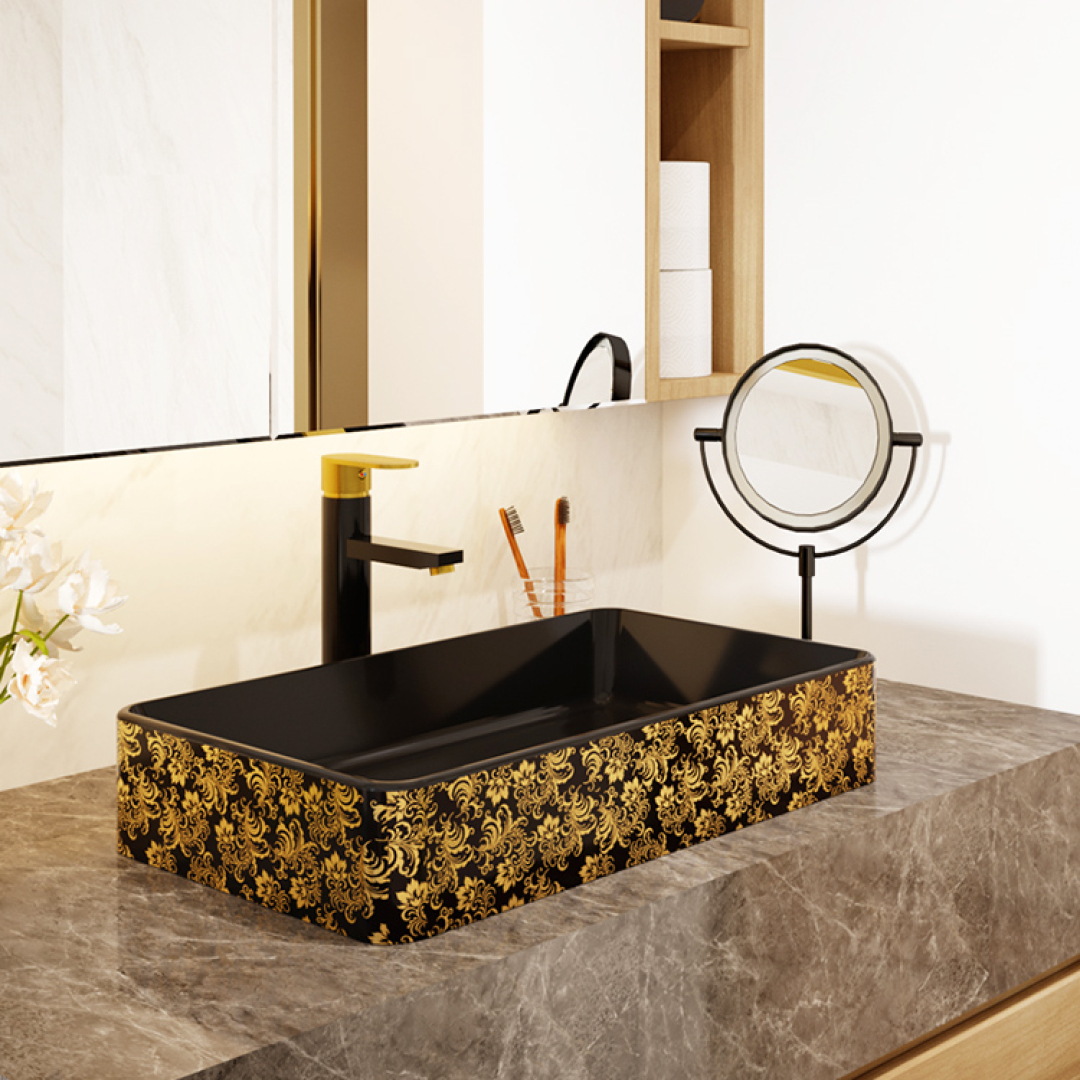 Luxury Black And Gold Rectangular Bathroom Basin - Royal Toiletry Global