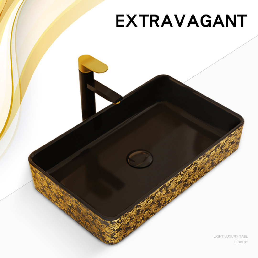 Luxury Black And Gold Rectangular Bathroom Basin - Royal Toiletry Global