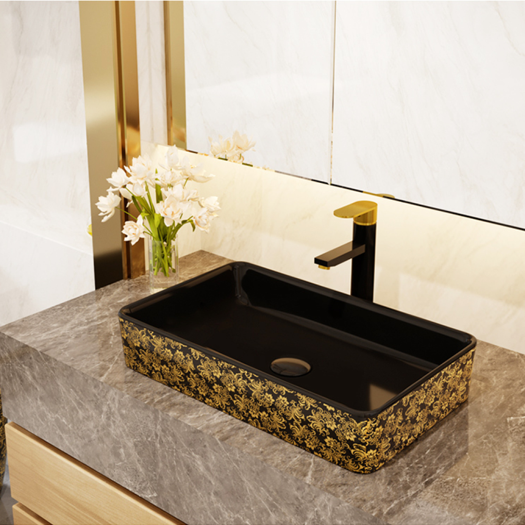 Luxury Black And Gold Rectangular Bathroom Basin - Royal Toiletry Global