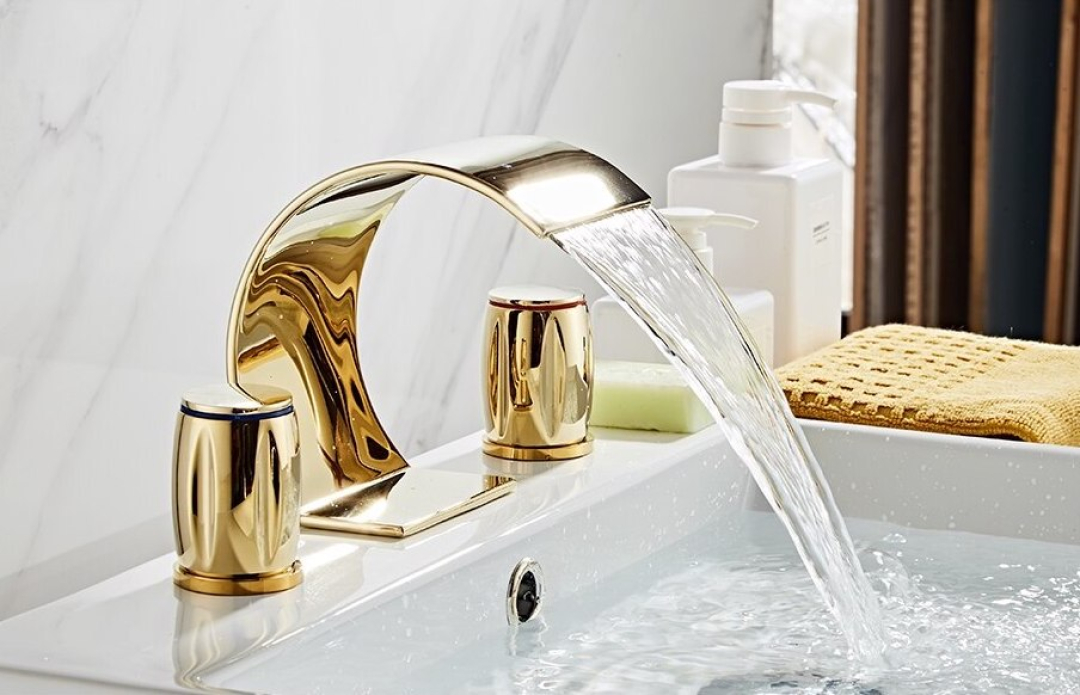 Slim Dual Handle Gold Waterfall Bathroom Faucet Royal Toiletry Global