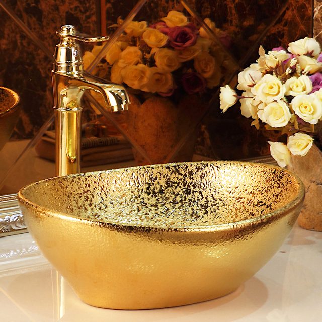 Luxury Designer Oval Bathroom Basin With Liquid Gold Texture - Royal ...