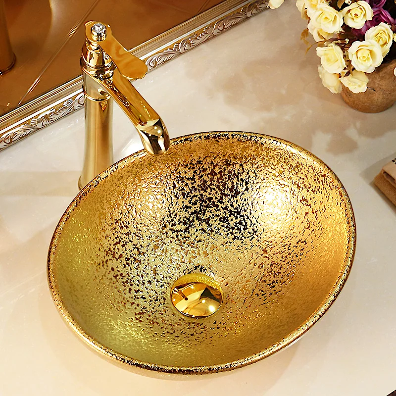 Abstract Oval Bathroom Basin With Liquid Gold Texture Royal Toiletry