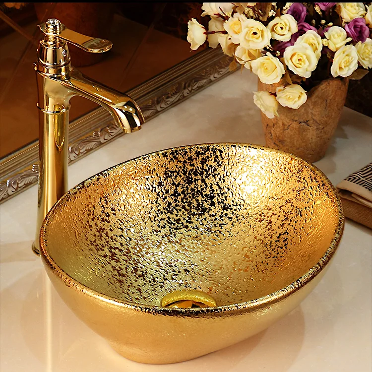 Abstract Oval Bathroom Basin With Liquid Gold Texture - Royal Toiletry ...