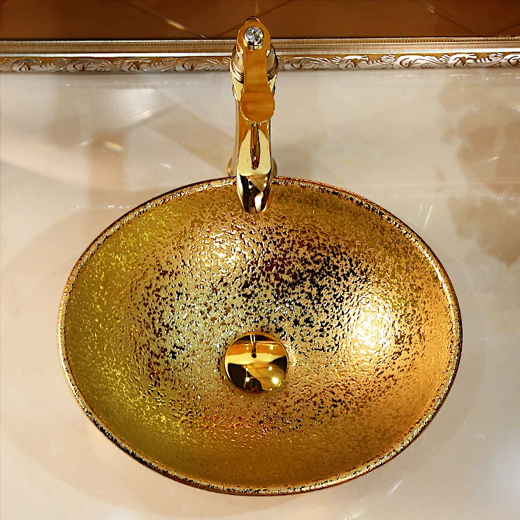 Abstract Oval Bathroom Basin With Liquid Gold Texture Royal Toiletry