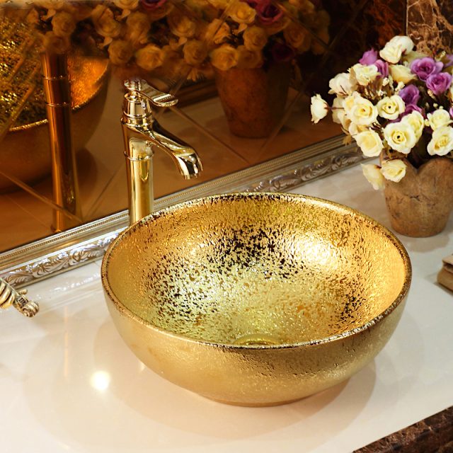 Abstract Round Bathroom Basin With Liquid Gold Texture - Royal Toiletry ...