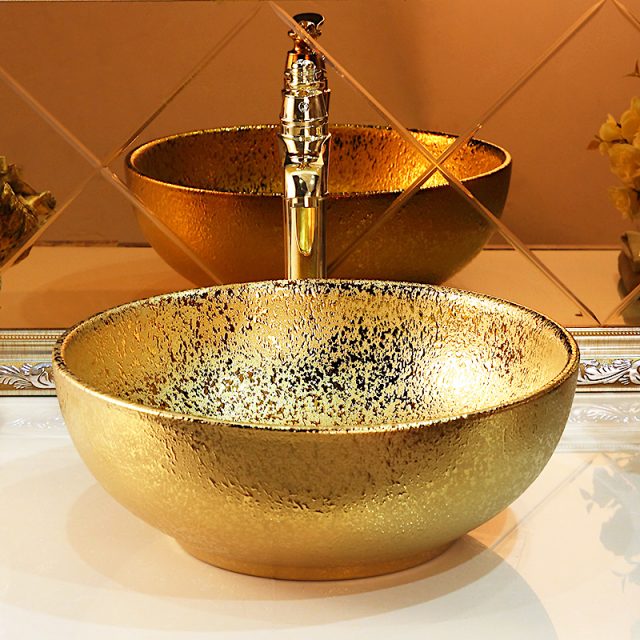 Abstract Round Bathroom Basin With Liquid Gold Texture - Royal Toiletry ...