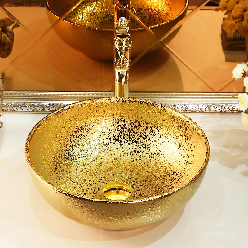 Abstract Round Bathroom Basin With Liquid Gold Texture - Royal Toiletry ...