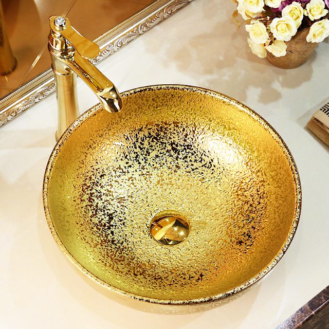 Abstract Round Bathroom Basin With Liquid Gold Texture - Royal Toiletry ...