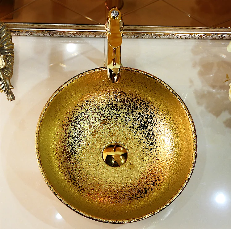 Abstract Round Bathroom Basin With Liquid Gold Texture - Royal Toiletry ...
