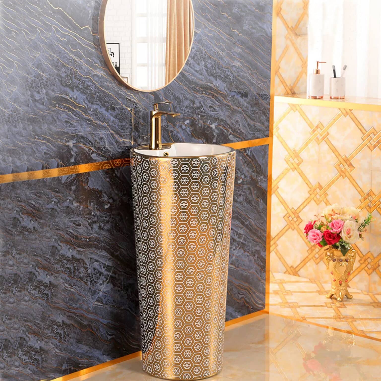 Modern Gold Pedestal Basin With Unique Hexagon Pattern - Royal Toiletry ...