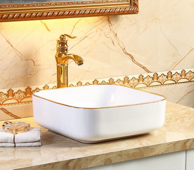 Classic Rectangular Bathroom Basin With Gold Trim - Royal Toiletry Global