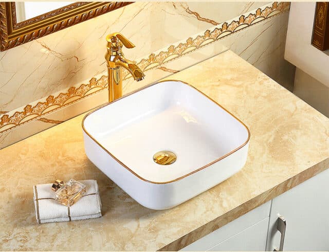 Classic Rectangular Bathroom Basin With Gold Trim - Royal Toiletry Global