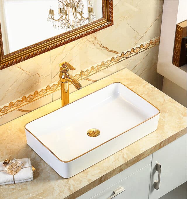 Classic Rectangular Bathroom Basin With Gold Trim - Royal Toiletry Global