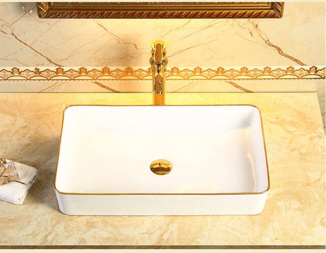 Classic Rectangular Bathroom Basin With Gold Trim - Royal Toiletry Global