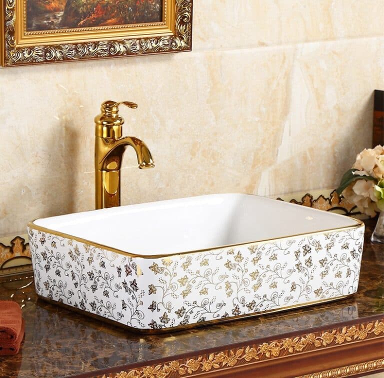 Elegant Rectangular Bathroom Basin With Gold Floral Accents - Royal ...