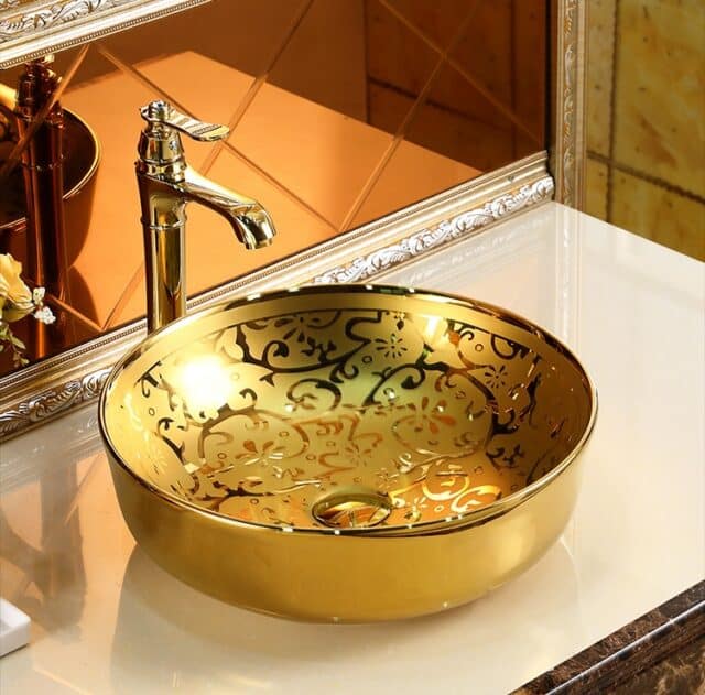 Luxe Gold Leaf Embellished Ceramic Bathroom Basin - Royal Toiletry Global