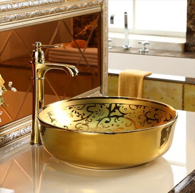 Luxe Gold Leaf Embellished Ceramic Bathroom Basin - Royal Toiletry Global