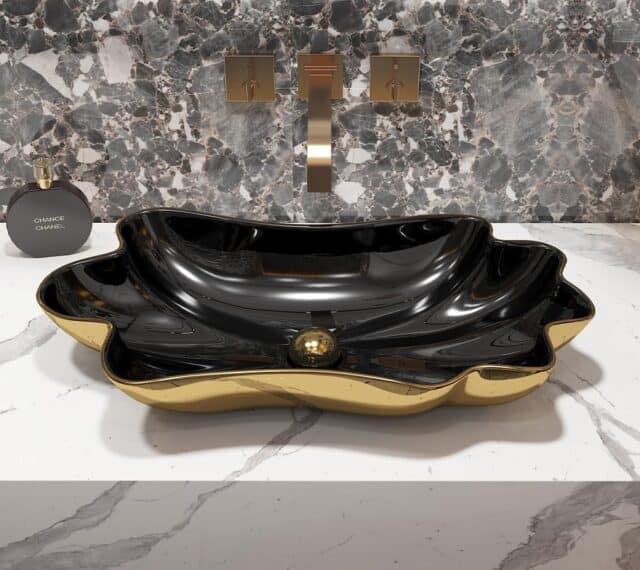 Designer Black & Gold Seashell Bathroom Basin with Pearl Drain- Royal ...