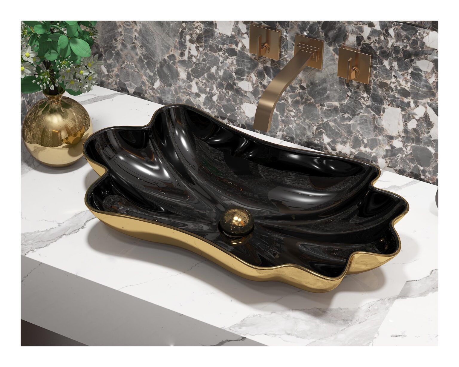Designer Black & Gold Seashell Bathroom Basin with Pearl Drain- Royal ...
