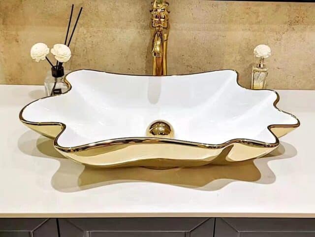 White & Gold Seashell Bathroom Basin with Pearl Drain - Royal Toiletry ...