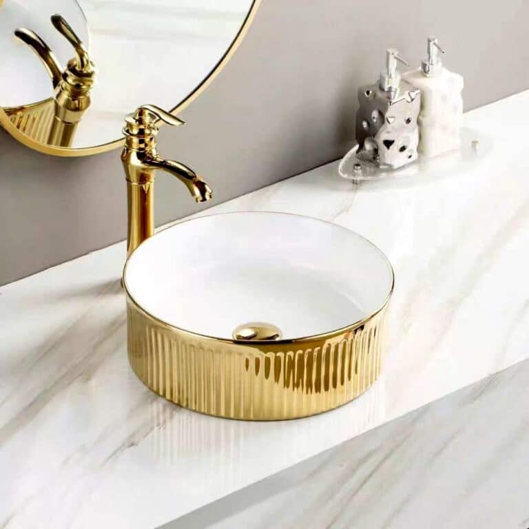 Luxury Round Gold & White Ceramic Countertop Basin - Royal Toiletry Global