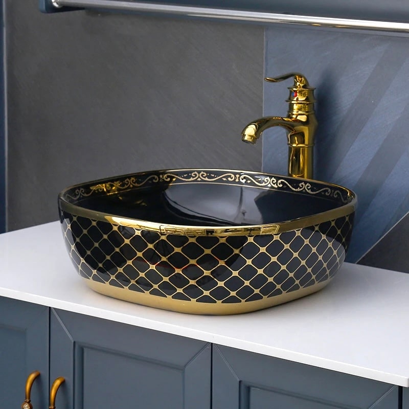 Black & Gold Rounded Rectangle Bathroom Basin with Luxury Mesh Pattern ...