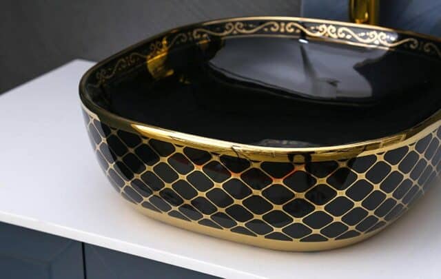 Black & Gold Rounded Rectangle Bathroom Basin with Luxury Mesh Pattern ...