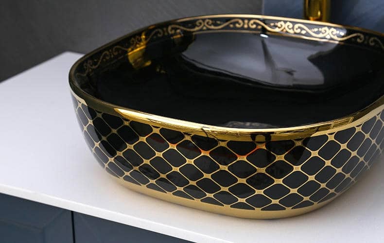Black & Gold Rounded Rectangle Bathroom Basin with Luxury Mesh Pattern ...