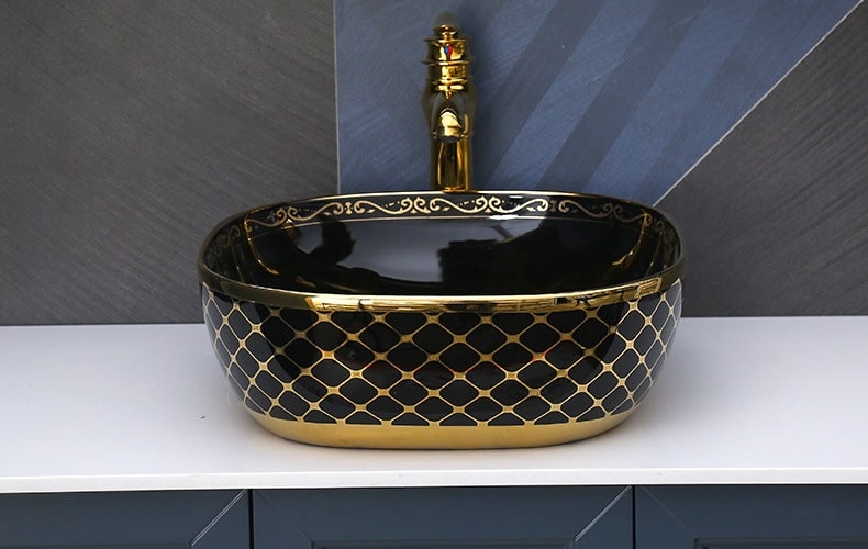Black & Gold Rounded Rectangle Bathroom Basin with Luxury Mesh Pattern ...