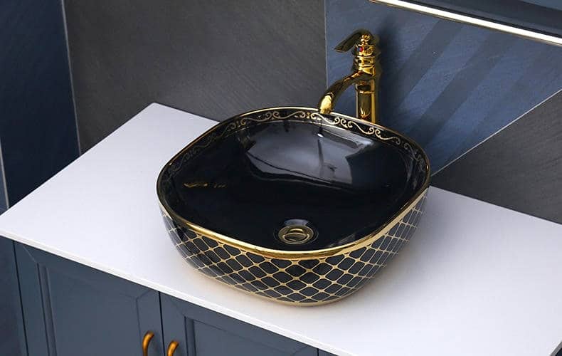 Black & Gold Rounded Rectangle Bathroom Basin with Luxury Mesh Pattern ...